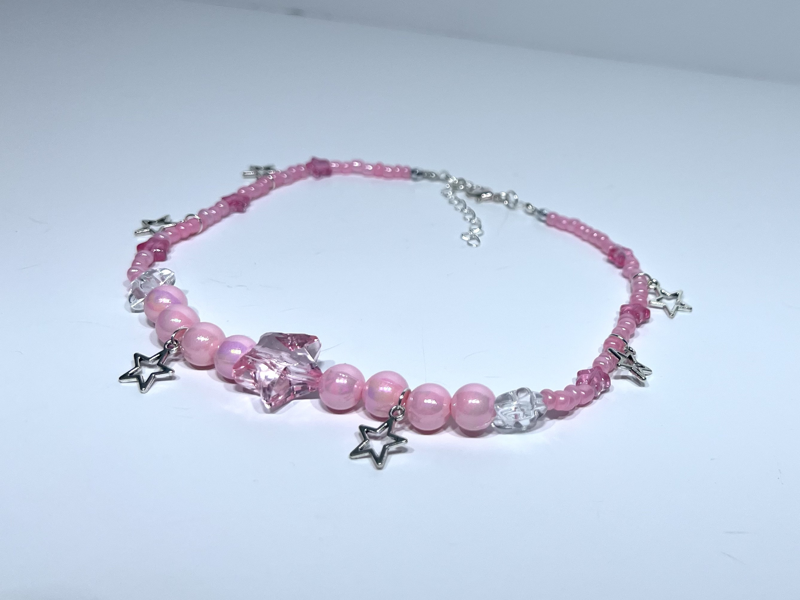 Pink Starry Sky Pink Star Necklace Silver Star Charms Star Beads Beaded ...