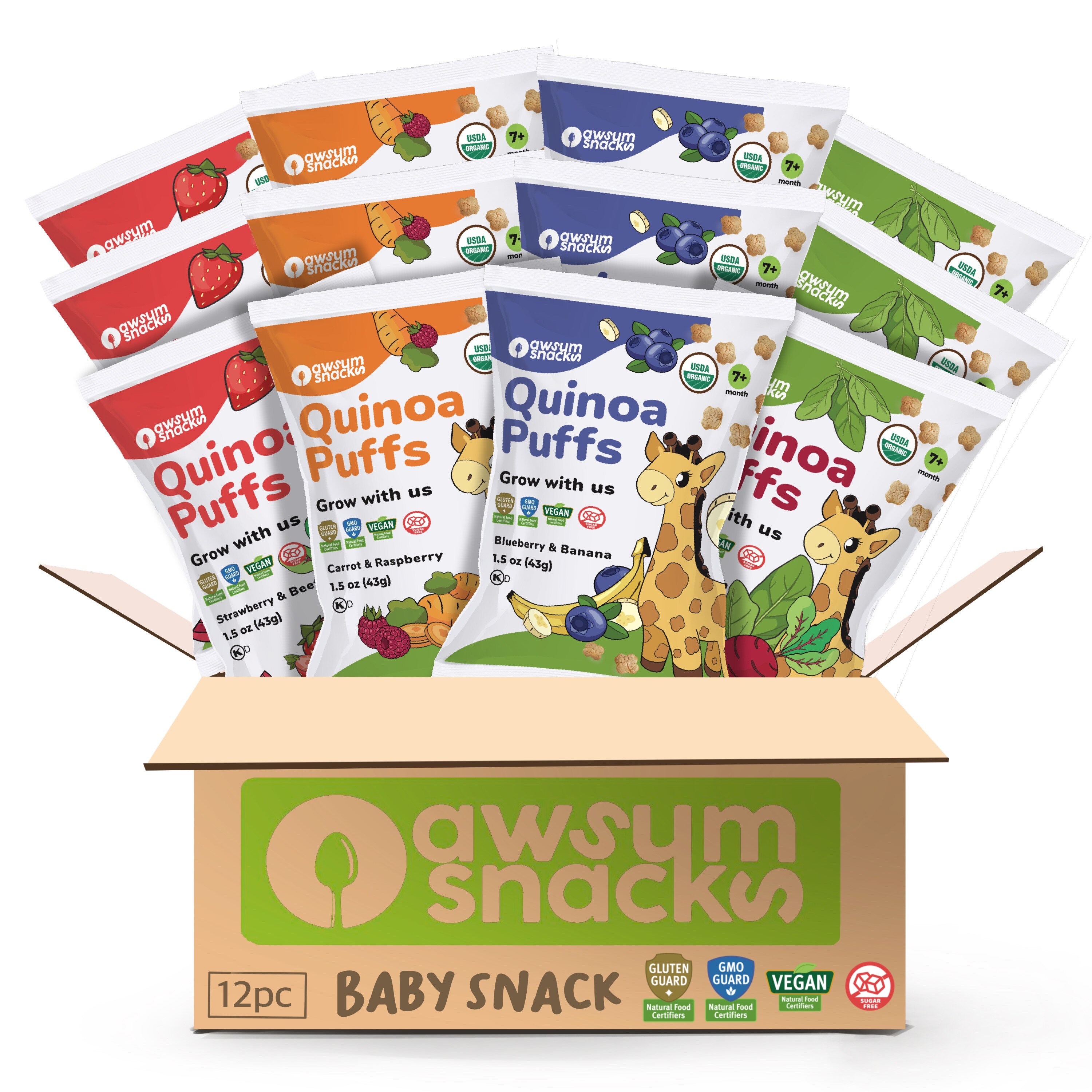 Awsum Snacks Organic Superfood Quinoa Puffs Variety Pack 12 1.5 Oz Bags ...