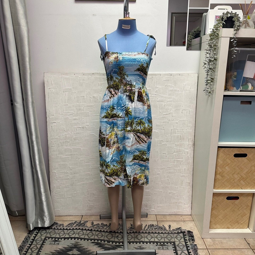 Vintage Puanani Made in Hawaii Smocked Midi Dress With Beach Design ...