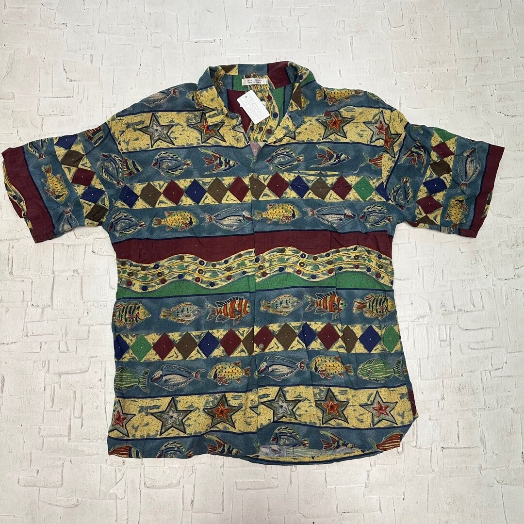 Vintage Pierre Cardin Geometric Fish Print Short Sleeve Button up Shirt ...