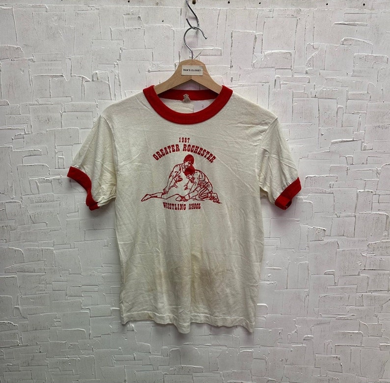 Vintage 1987 Greater Rochester Wrestling School White and Red Ringer Tee Vintage T-shirt 80's ...