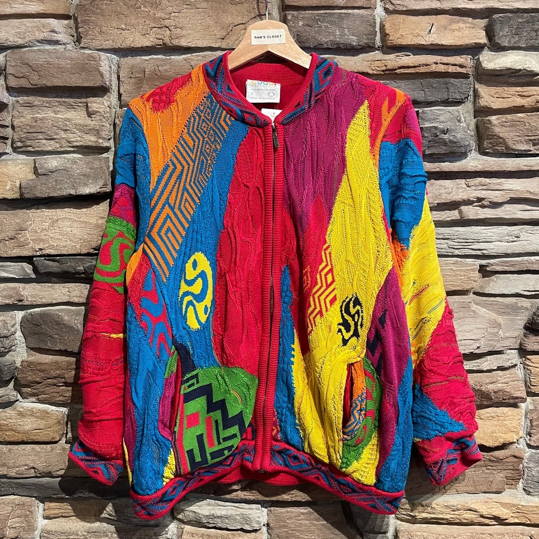 Vintage 3D Coogi Australia Multi-colour Lined Cotton Knit Sweater Zip ...