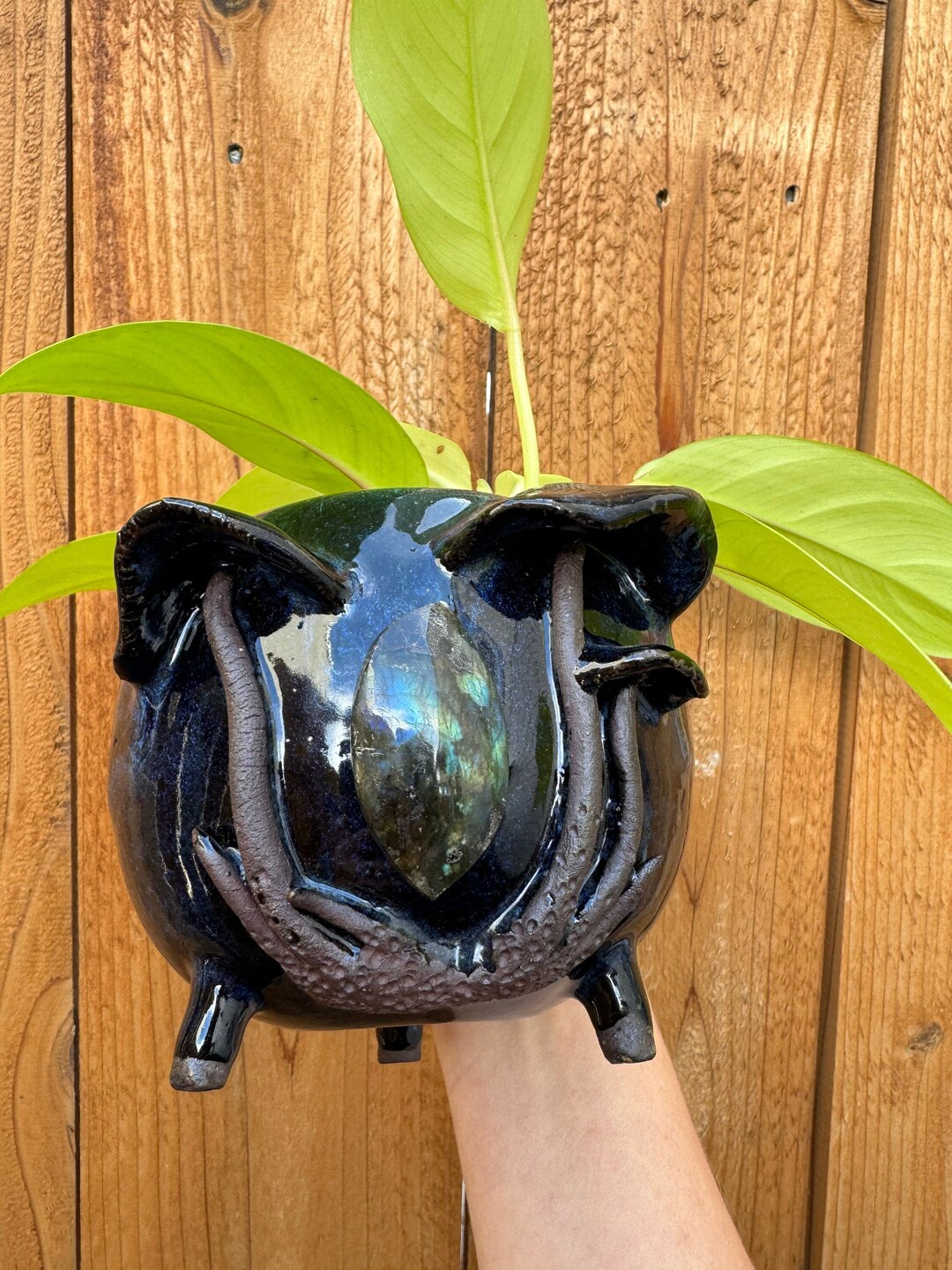 Ceramic Mushroom Planter With Labradorite Stone, Blue Plant Pot With ...