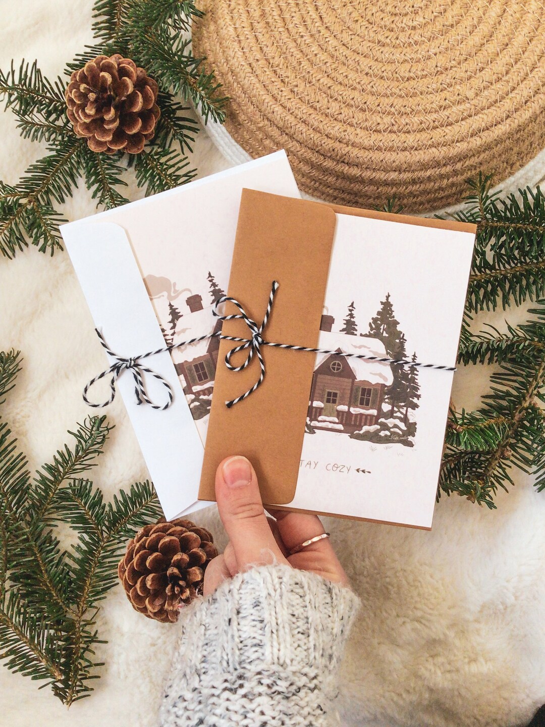 Stay Cozy Card, Christmas Card, Outdoors, Log Cabin, Blank Card With ...