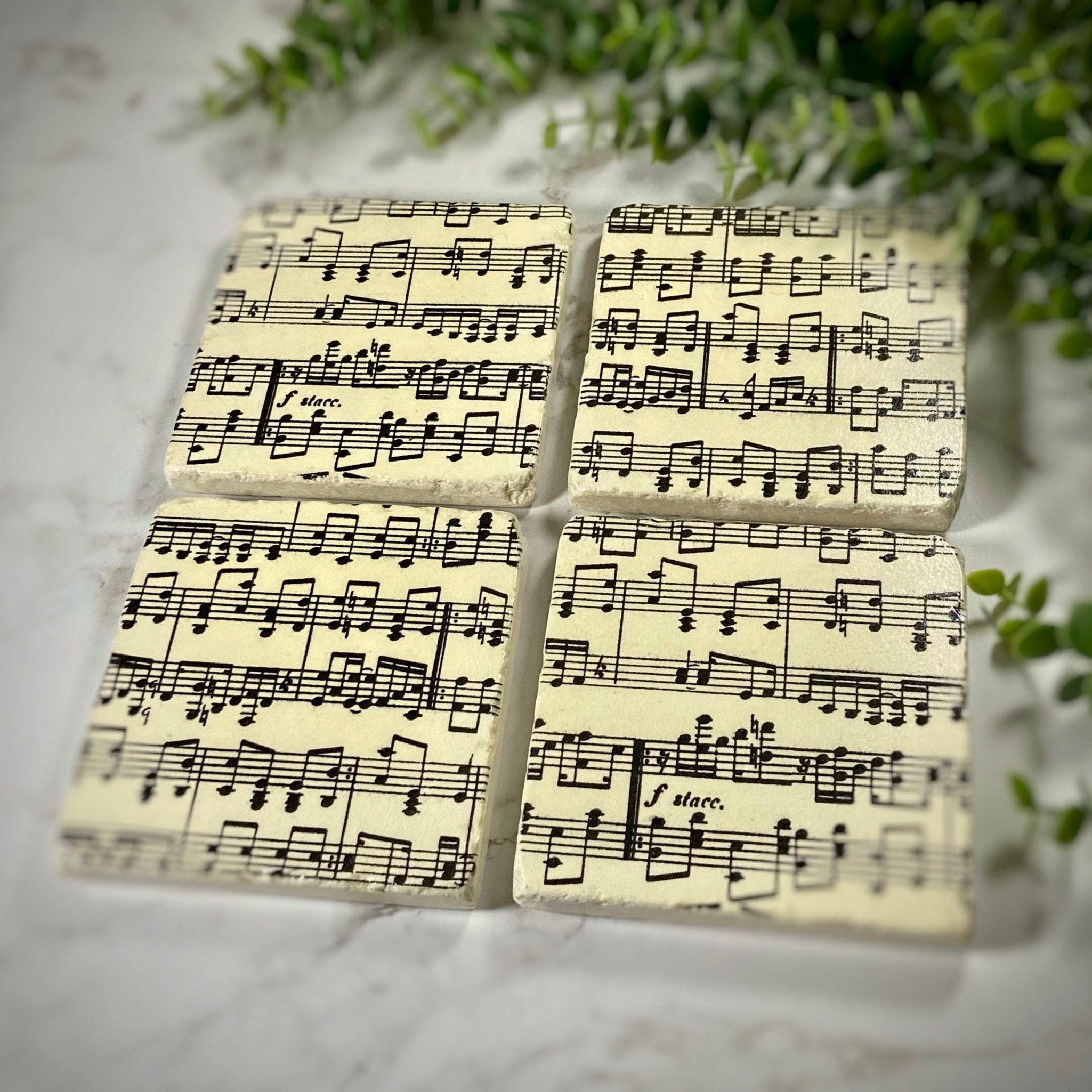 Set of 4, Tumbled Marble Coasters, music sheet, musical notes, music ...