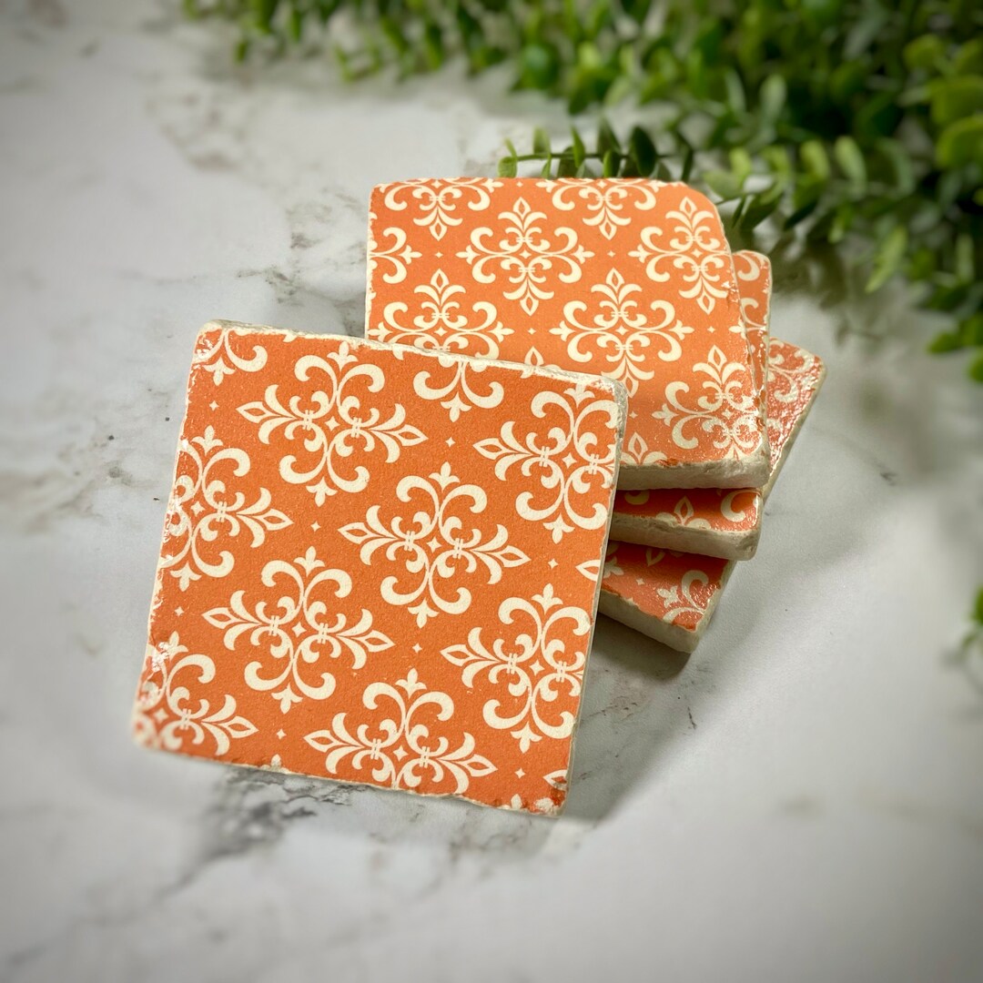 Set of 4, Tumbled Marble Coasters, Coral, Tangerine, Damask, Protect ...