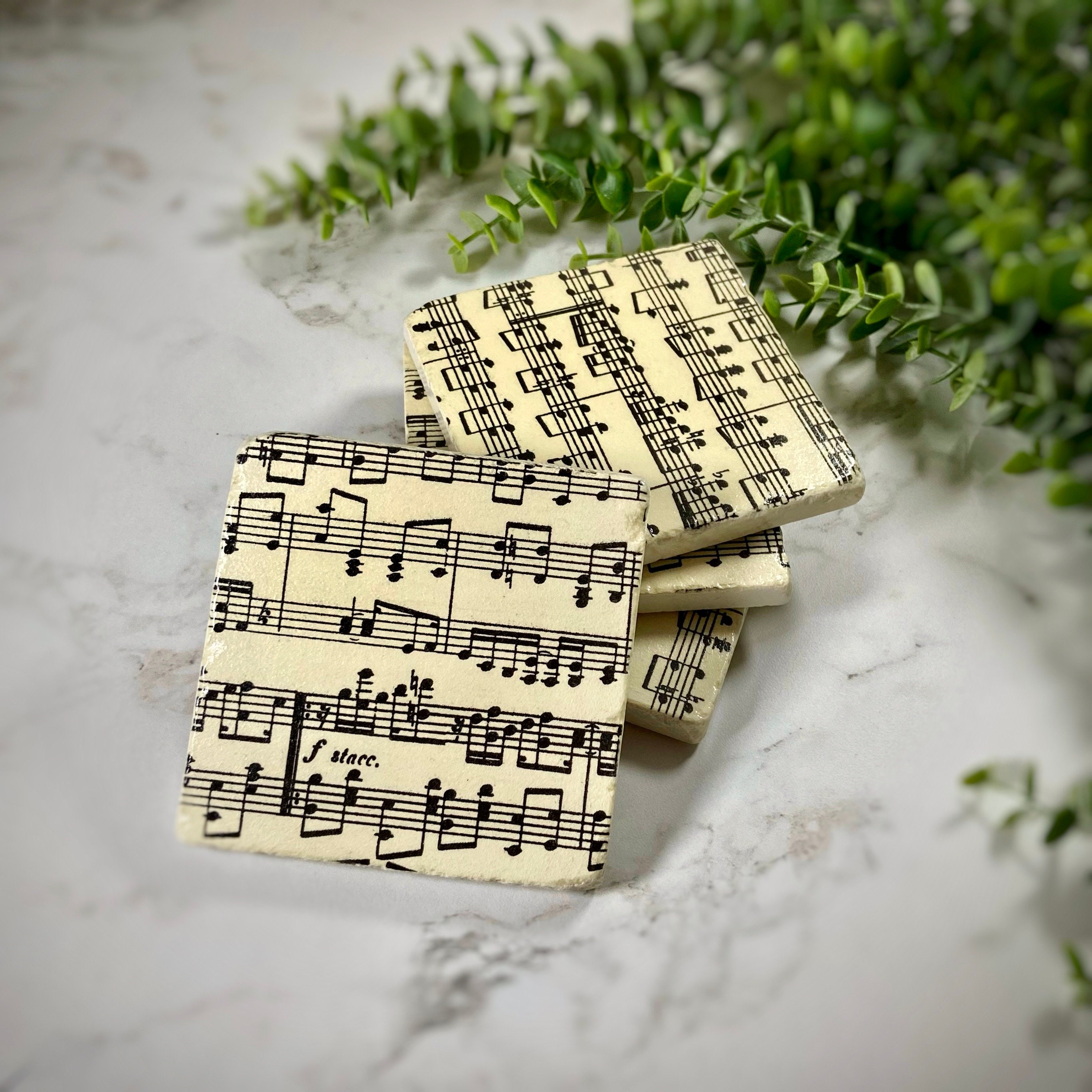 Set of 4, Tumbled Marble Coasters, music sheet, musical notes, music ...