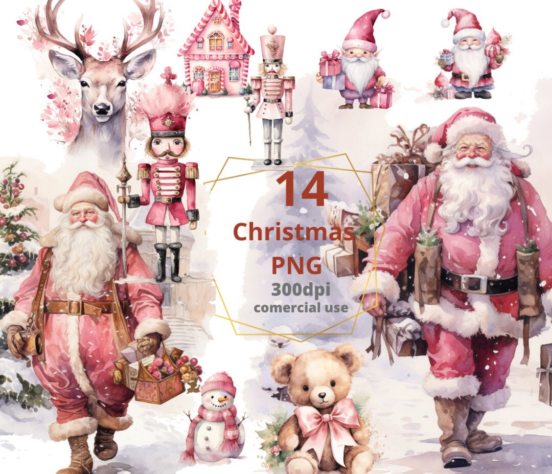 Pink Christmas Watercolor Clipart: Santa, Reindeer, Nutcracker (PNG ...