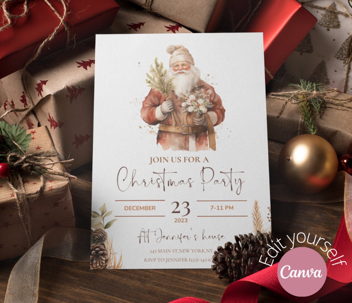 Editable Neutral Boho Christmas Party Invitation Christmas Party Invite ...