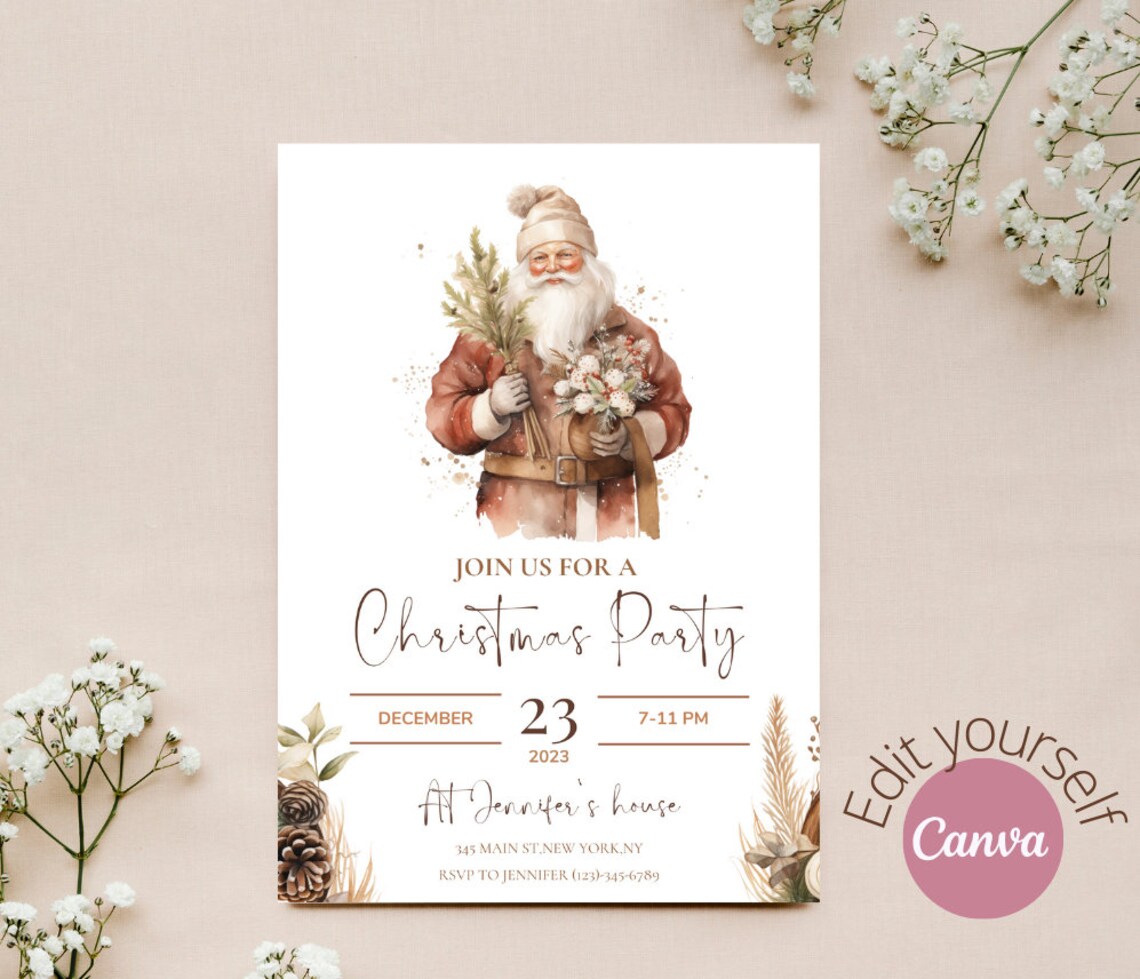 Editable Neutral Boho Christmas Party Invitation Christmas Party Invite ...