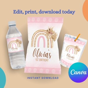 BUNDLE Rainbow Boho Chip or Snacks Bag, Water Bottle Label, Chips Pouch ...