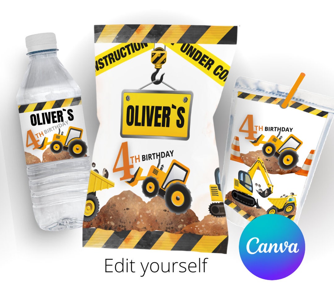 BUNDLE Construction Chip Bag, Water Bottle Label, Chips Pouch Juice ...