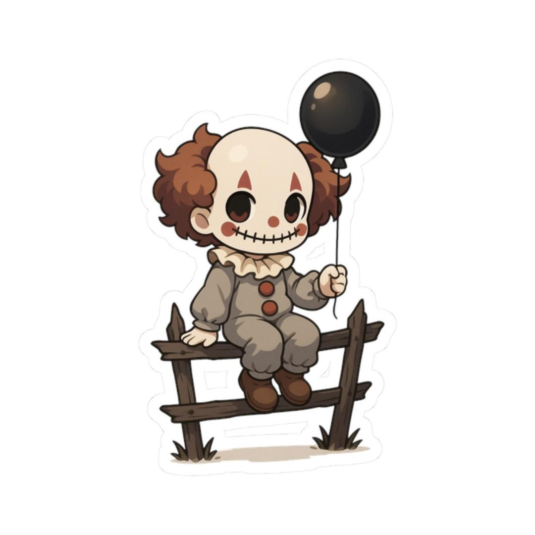 Clown Holding Black Balloon Sitting Wooden Fence Halloween Sticker ...