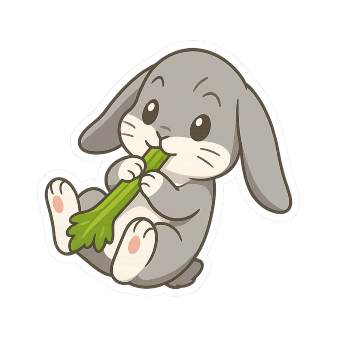 Gray Cartoon Rabbit Eating Green Celery Playfully Pet Sticker | Cute ...