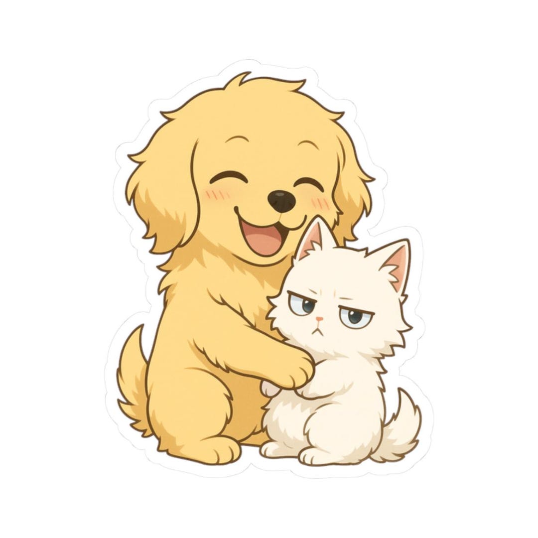 Cute Anime Puppy Hugging Grumpy White Cat Smiling Blush Cheeks Dog ...