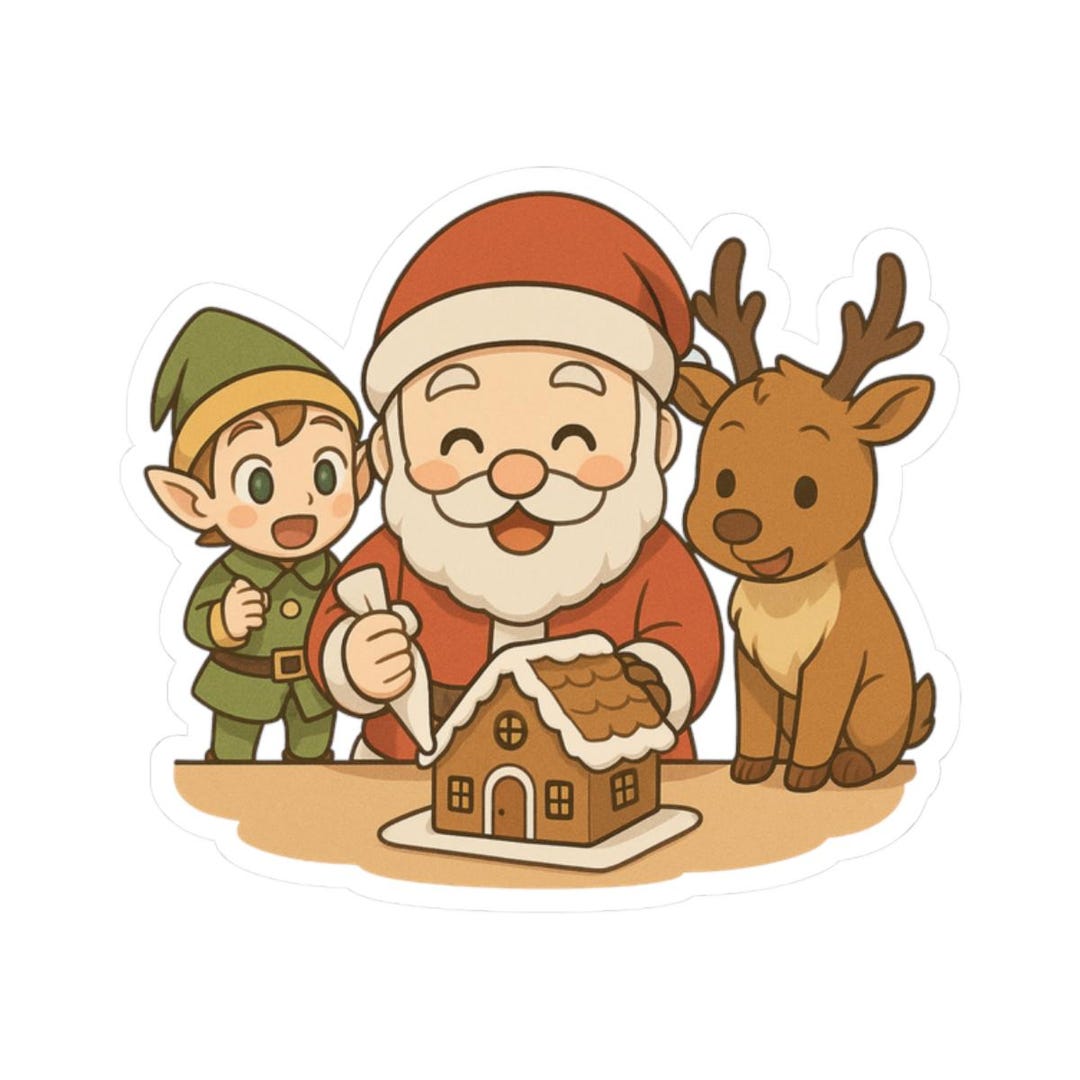 Santa Claus Decorating Gingerbread House Reindeer Christmas Sticker ...