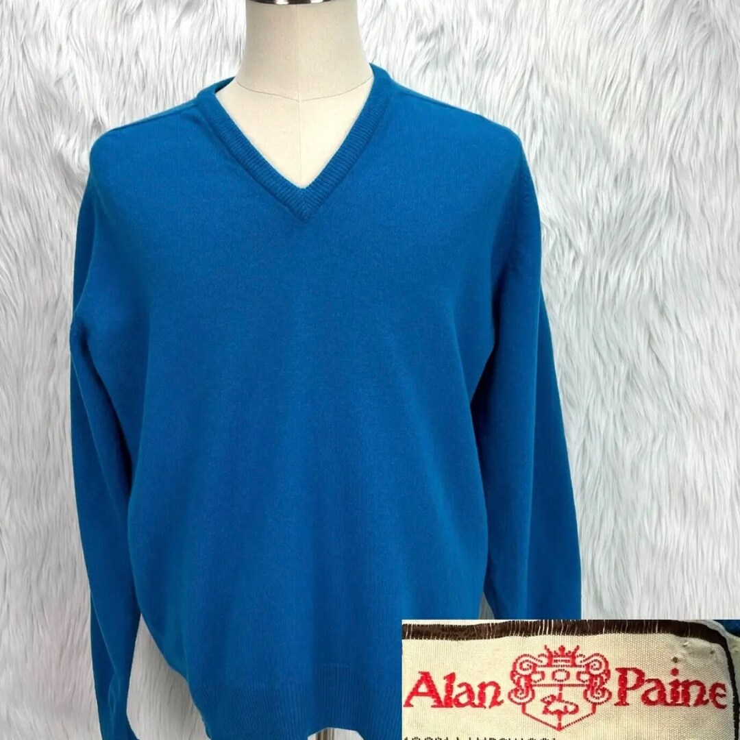 Alan Paine Blue Lambswool V-neck Pullover Sweater, Vintage Men's Size ...