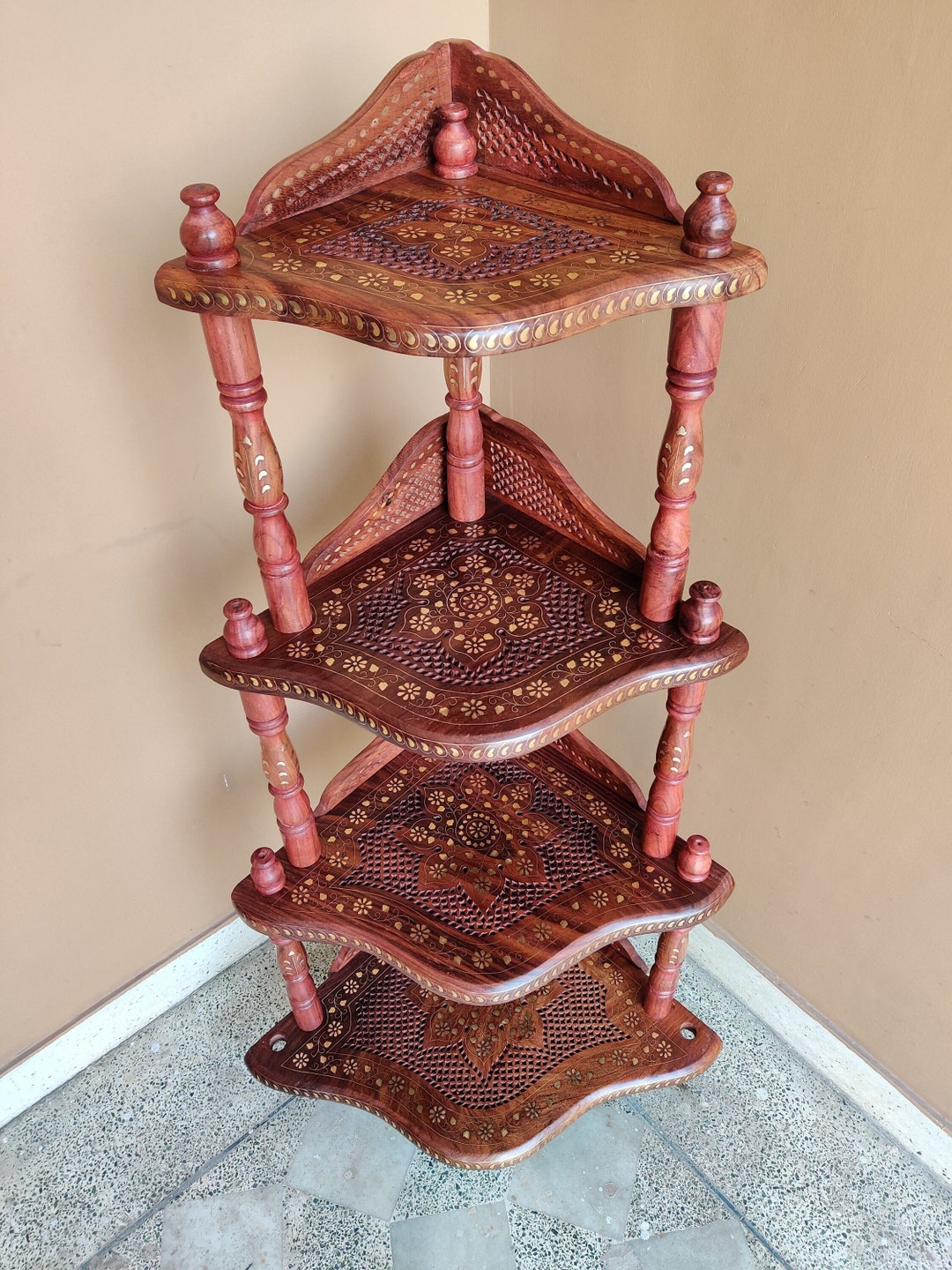 Handcrafted Wooden Corner Stand: 4-tier Cherry Finish Shelf - Etsy