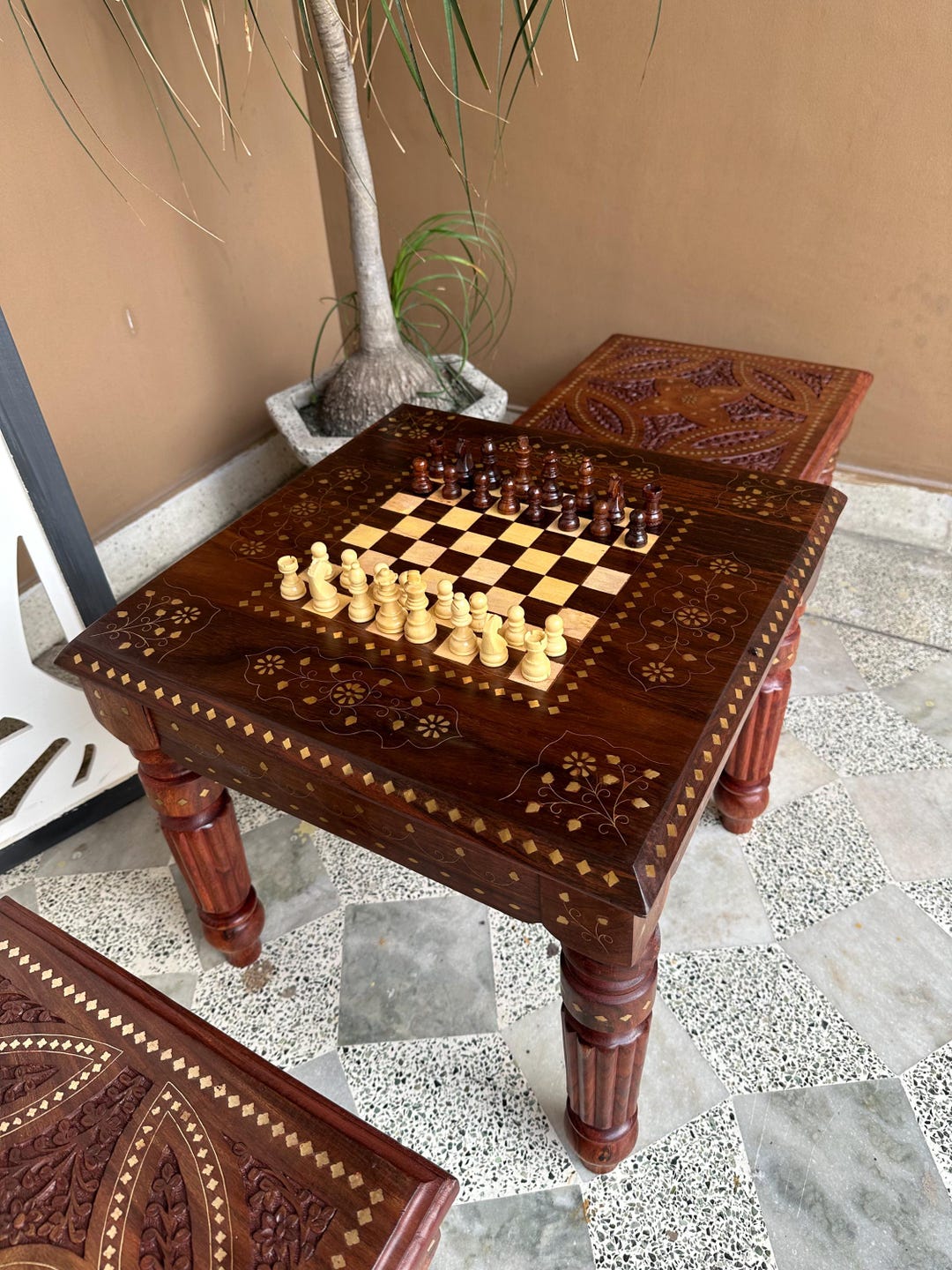 Handcraft Wooden Chess Table With Stool Set - Etsy
