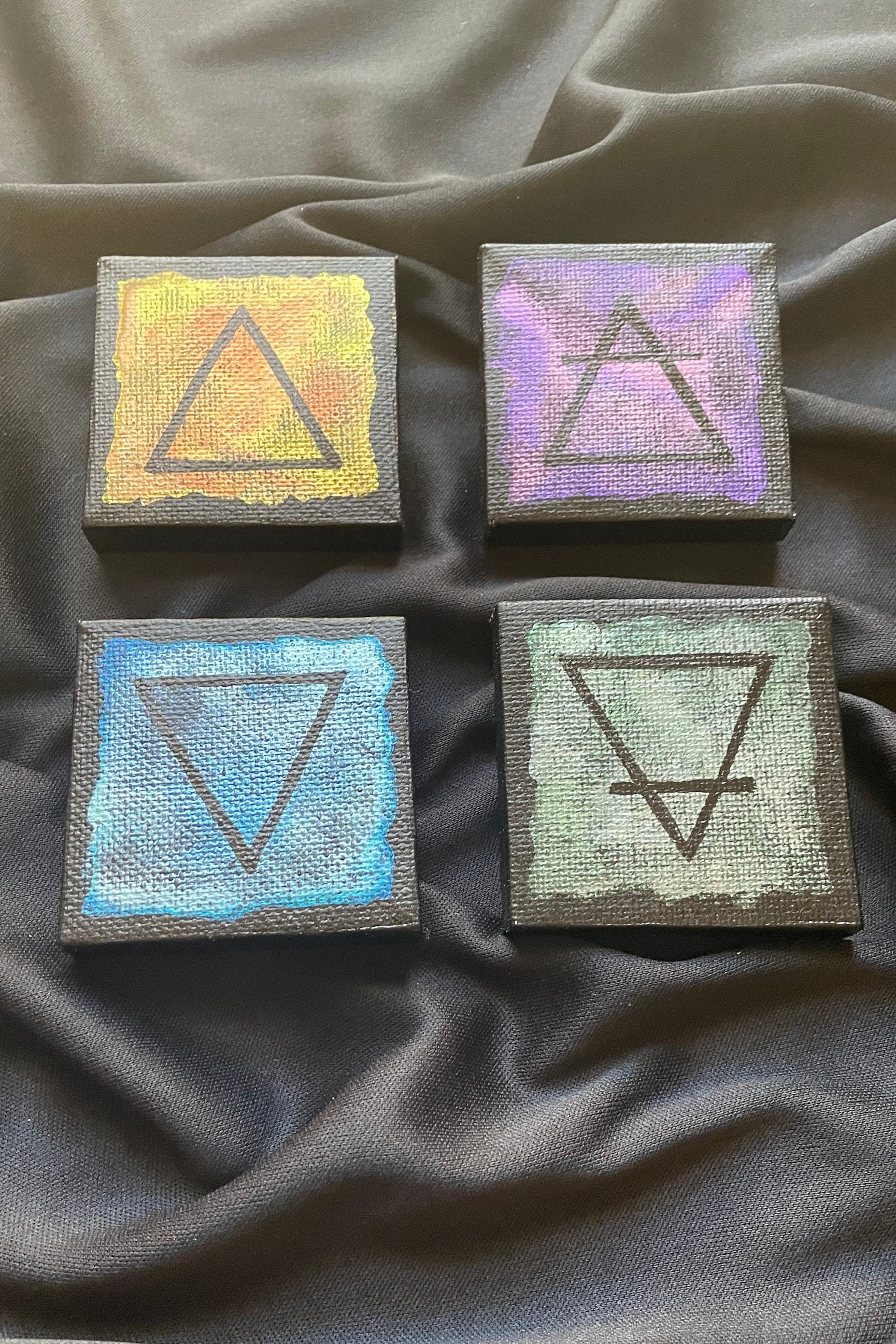 Set of 4 Elements Alchemy Symbols Metallic Watercolor on Black Canvases ...