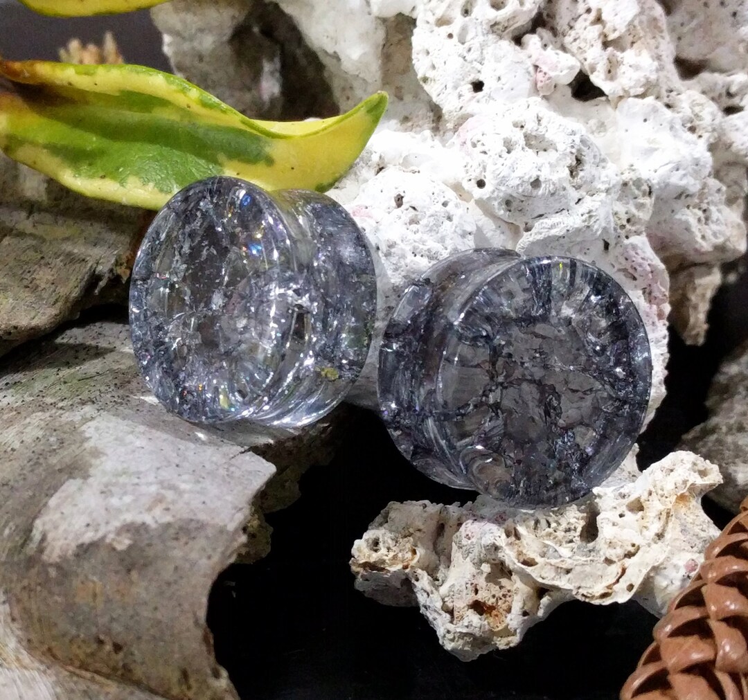 Black Shattered Glass Double Flared Plugs pair 8mm 0G 10mm 00G 12mm 1/2 ...