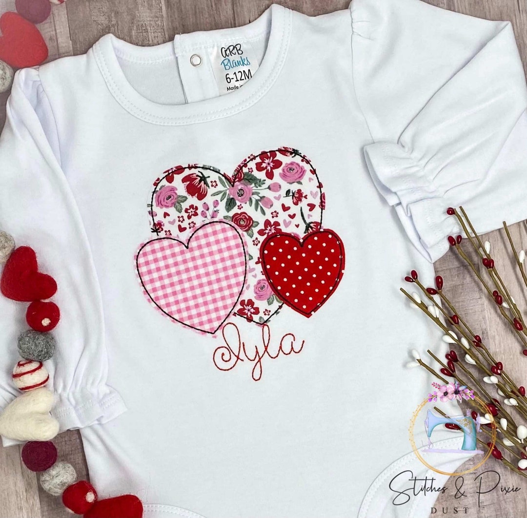 Girls Valentine Day Shirt/trio Heart With Floral Fabric/monogram Shirt ...