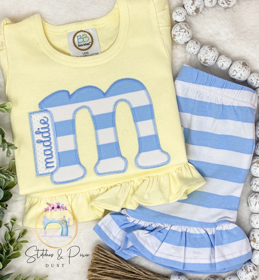 Girls Monogram Shirt Outfit/personalized Yellow/blue Summer Set ...