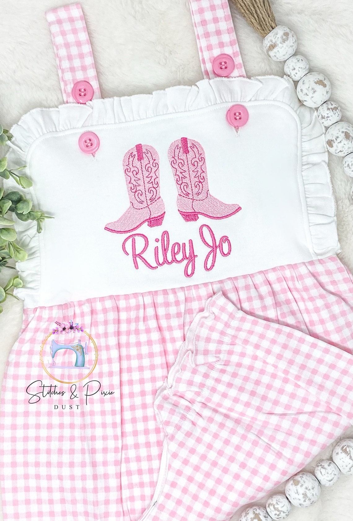Baby Girl Gingham Shorts Romper Monogram/cowgirl Boots Romper/monogram ...