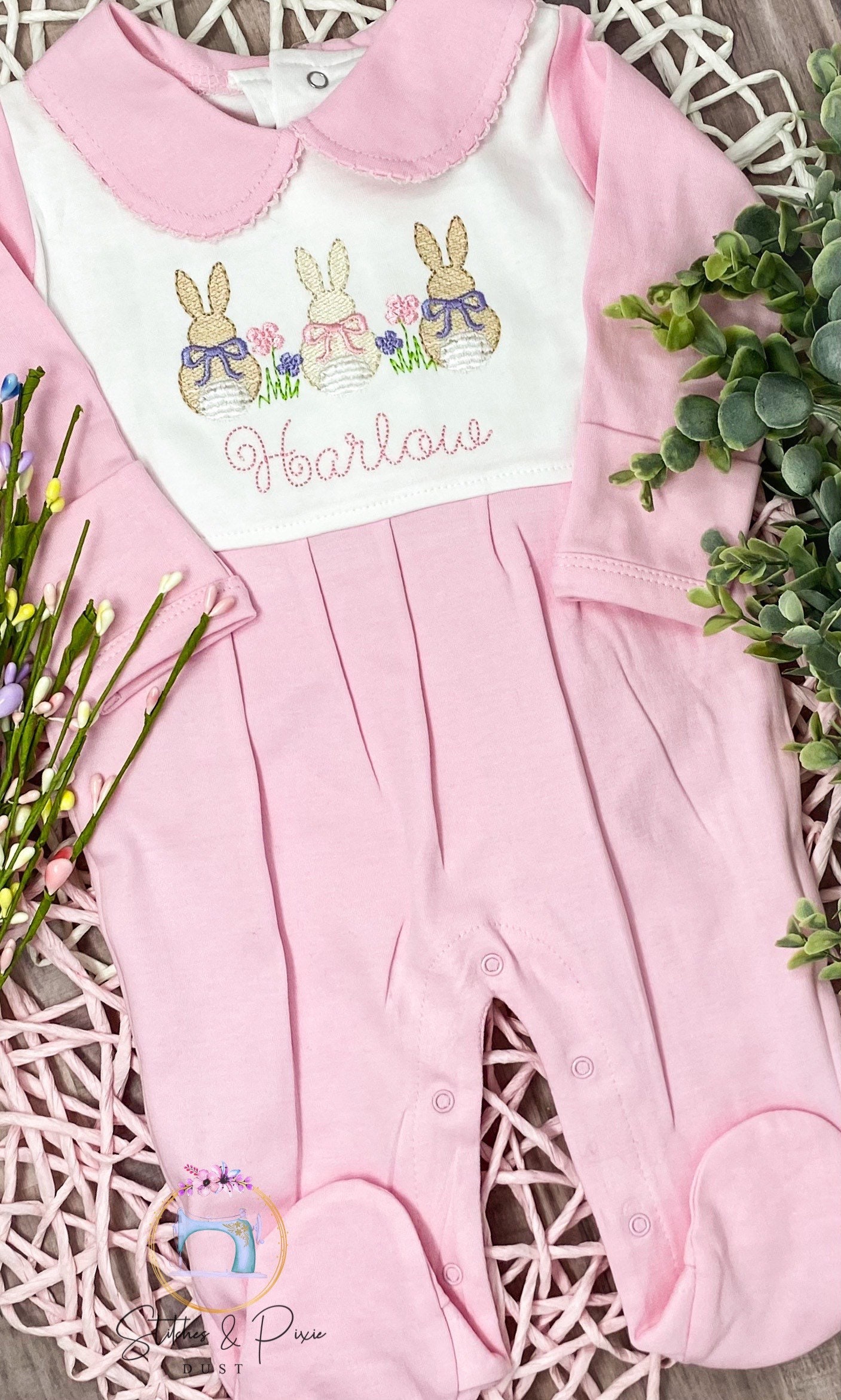 Baby Girl First Easter Outfit/monogrammed Personalized Footie/bunnies ...