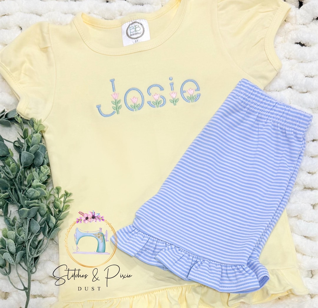 Girls Monogram Shirt Outfit/personalized Yellow/blue Summer Set ...