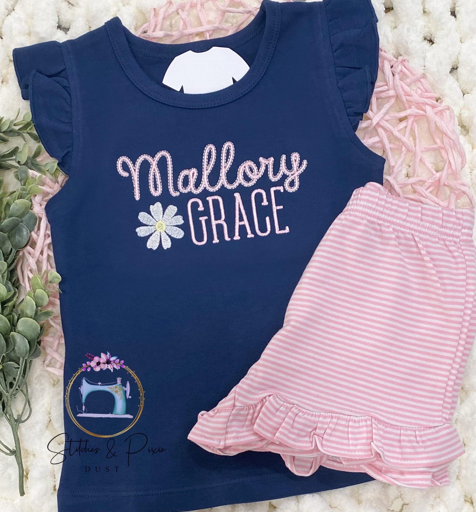 Girls Monogram Shirt Outfit/personalized Embroidered/blue Summer Set ...