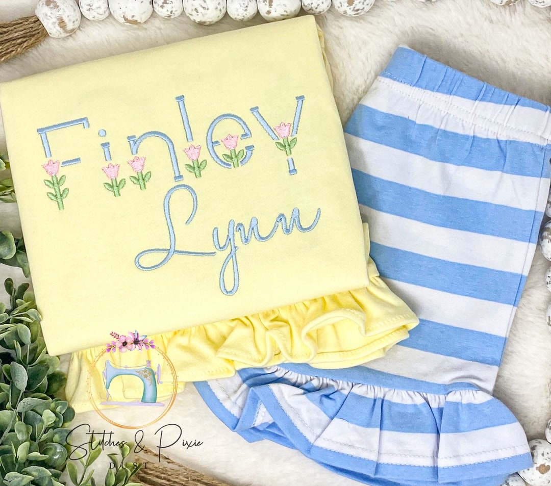 Girls Monogram Shirt Outfit/personalized Yellow/blue Summer Set ...