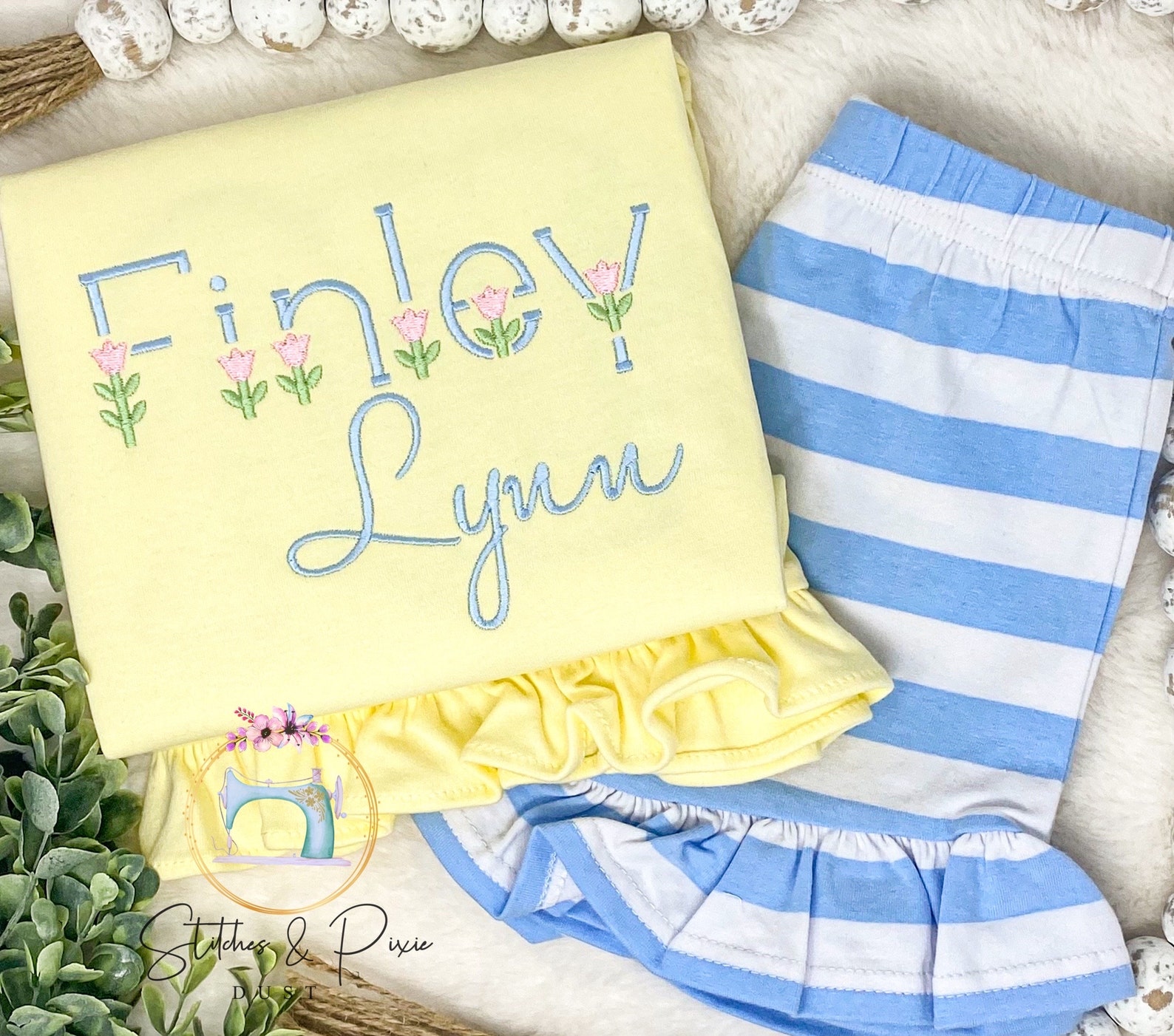 Girls Monogram Shirt Outfit/personalized Yellow/blue Summer Set ...