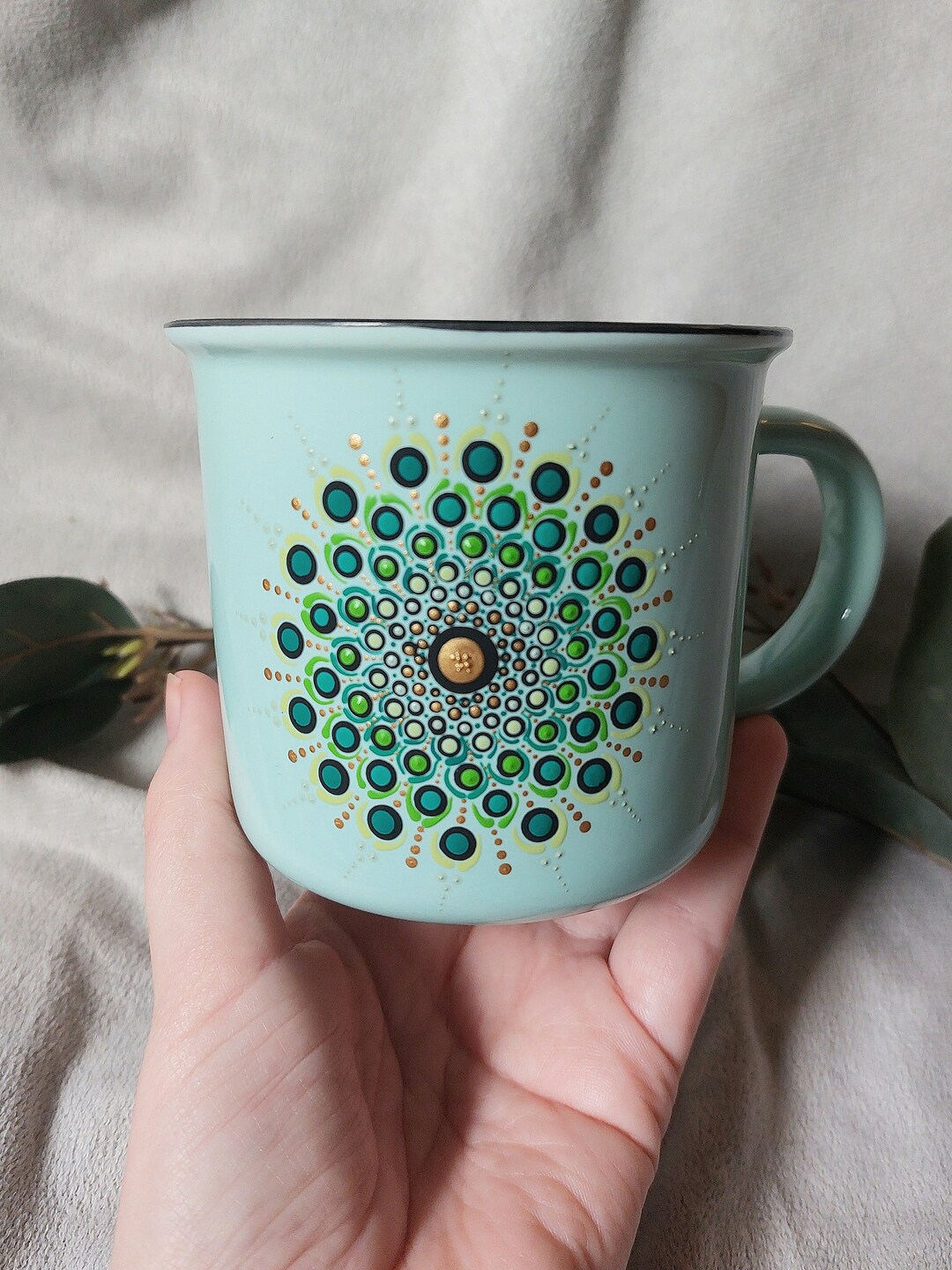 12 Oz. Mint Green Mug With Green and Gold Mandala Design - Etsy