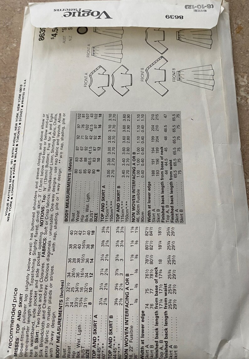 Vogue 8639 Misses' Top and Skirt; Uncut - Etsy