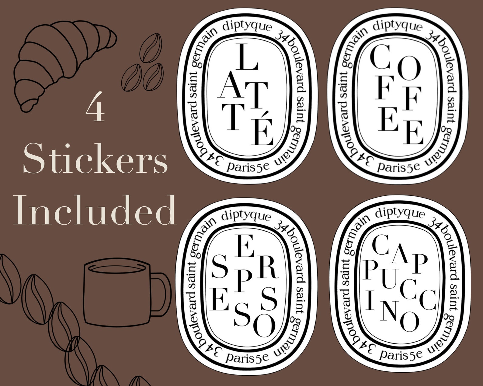 Coffee Diptyque Label Sticker Pack, Diptyque Logo Coffee Set, Diptyque ...