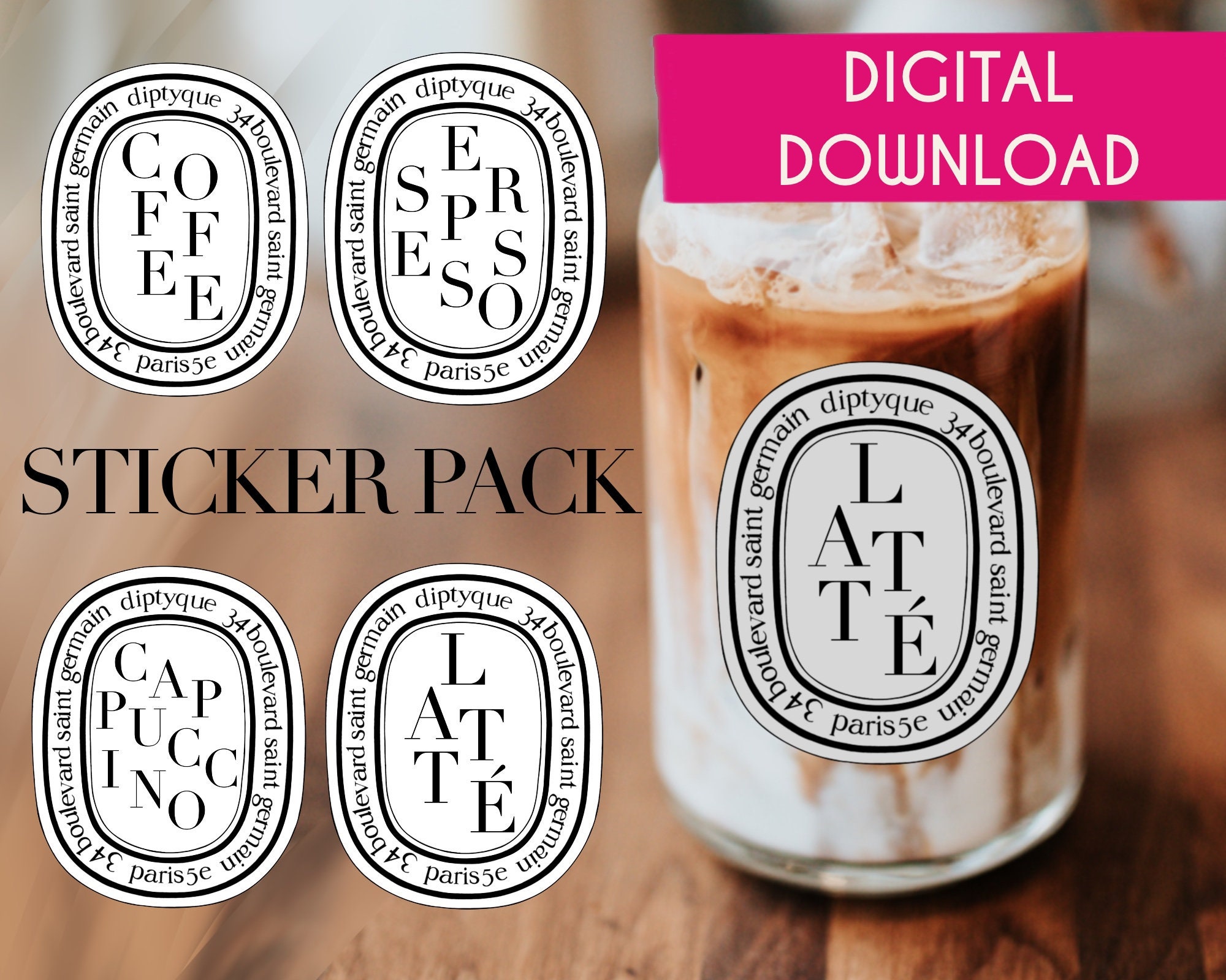 DIGITAL Diptyque Coffee Sticker Pack, Coffee Diptyque Label Sticker ...