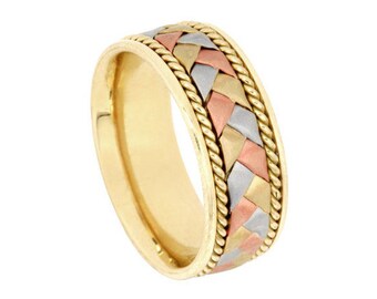 8mm Tri Color Gold Hand-woven Basket Weave Comfort Fit Wedding Band ...