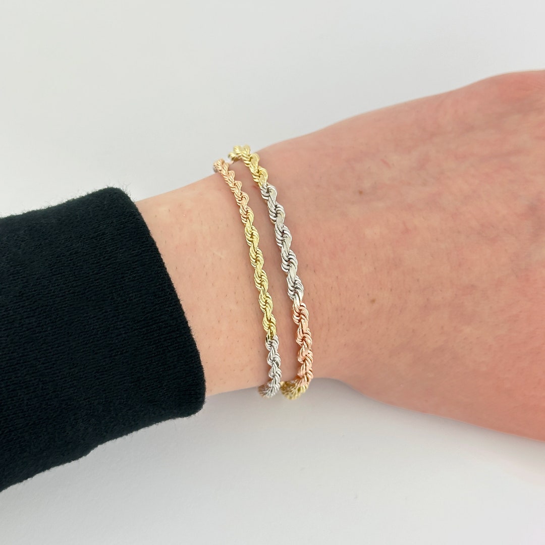 14k Tri-color Solid Gold Rope Bracelet Diamond Cut Italian Necklace - Etsy