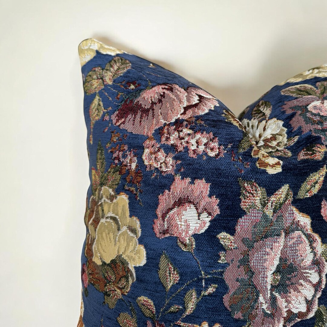 Navy Blue Floral Tapestry Pillow Cover , Cottagecore Design Couch ...