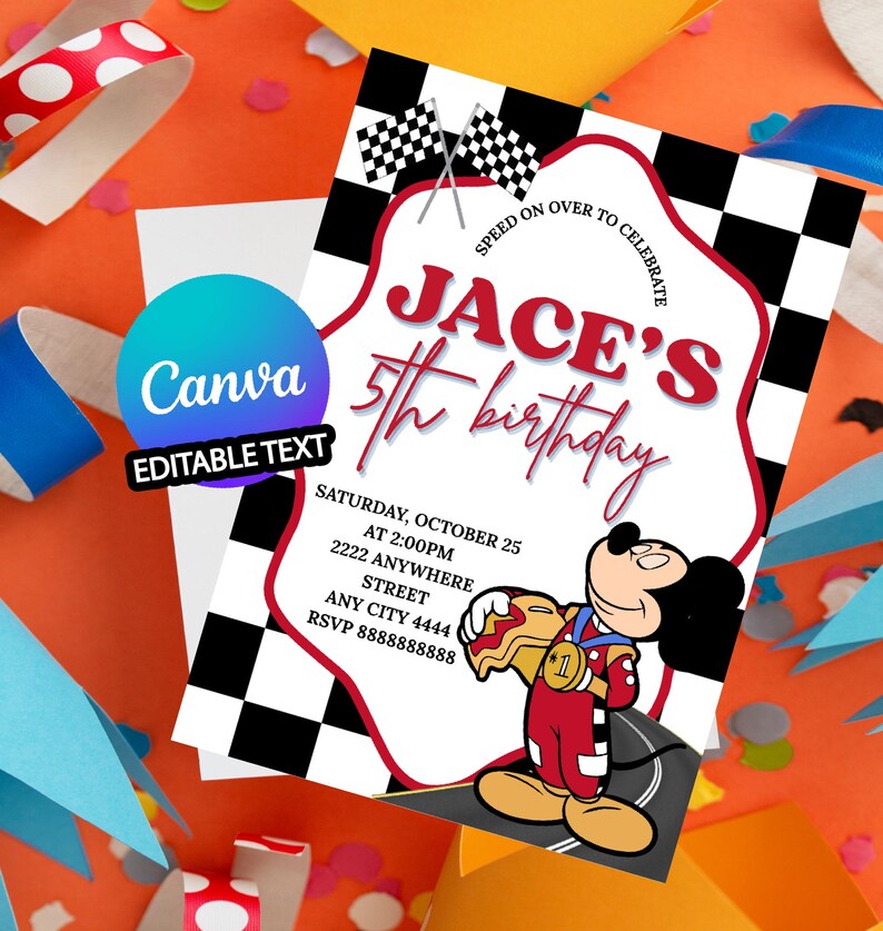 Mickey Mouse Racer Digital Invitation: Personalized Party Invite ...
