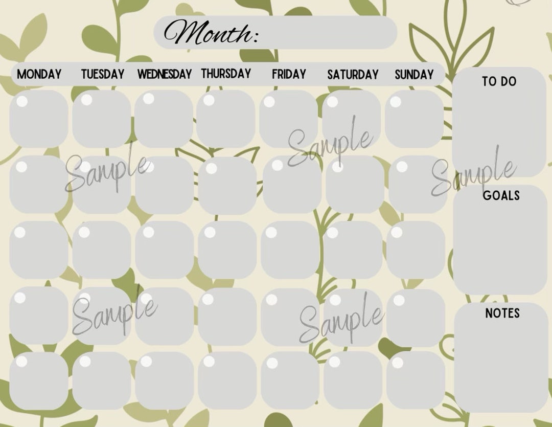 Greenery Printable Undated Calendar Minimalist Monthly Calendar,a4 ...
