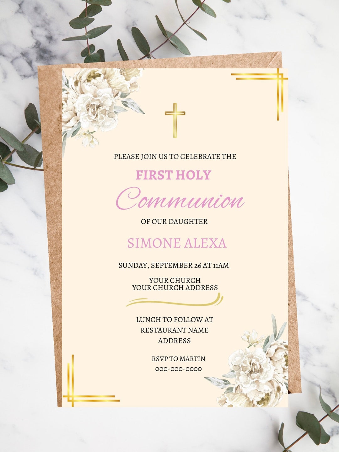 Pink First Holy Communion Invitation Template, Invitation Template ...