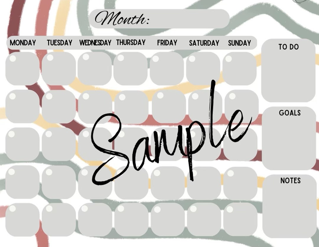 Boho Rainbow Printable Monthly Calendar, To-do, Goals, Notes (digital ...