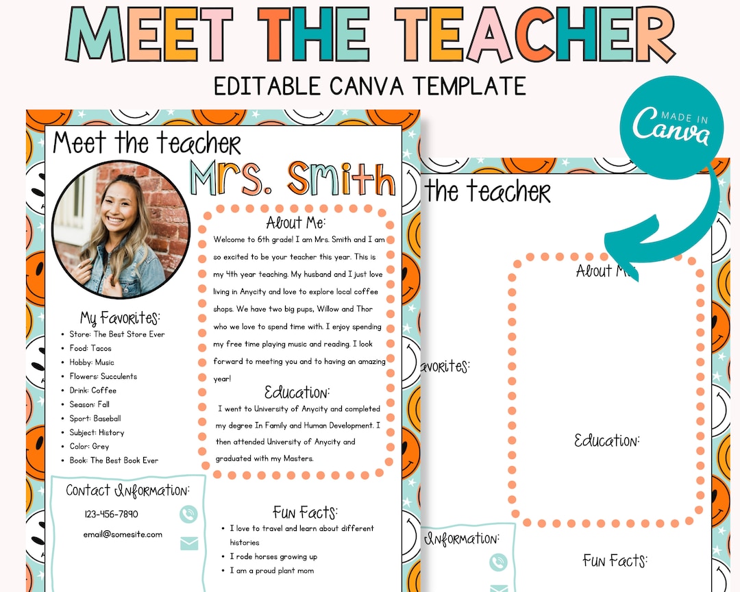 Groovy Meet the Teacher Editable Printable, Smiley Teal Meet the ...