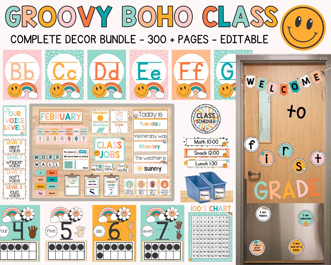 Groovy Smiley Classroom Theme Bundle, Complete Boho Classroom Decor ...