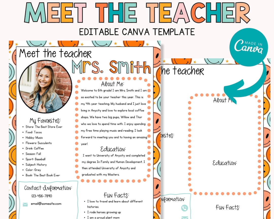 Groovy Meet the Teacher Editable Printable, Smiley Boho Meet the ...