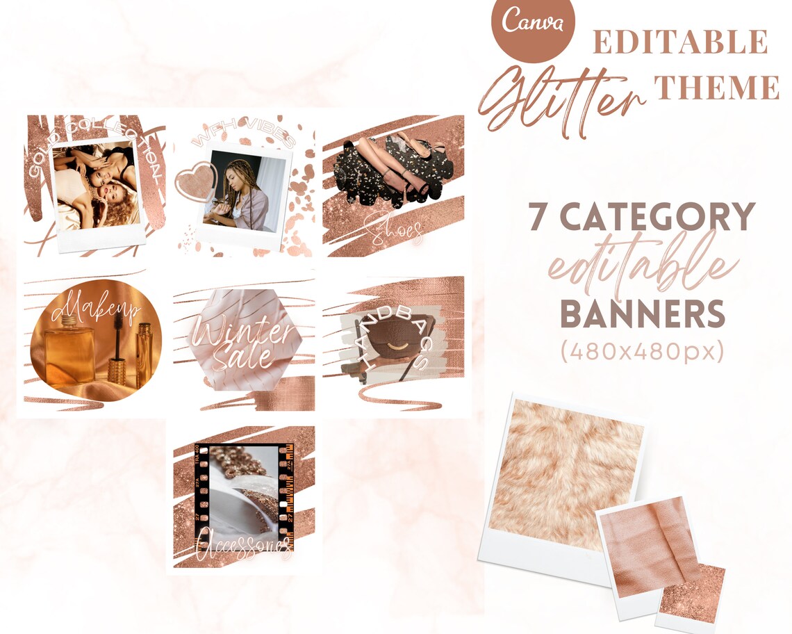 Editable Canva Pink Rose Gold Glitter Shopify Website Template ...