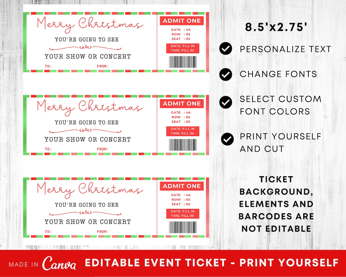 Printable Concert Ticket Christmas Gift Idea Editable Event - Etsy