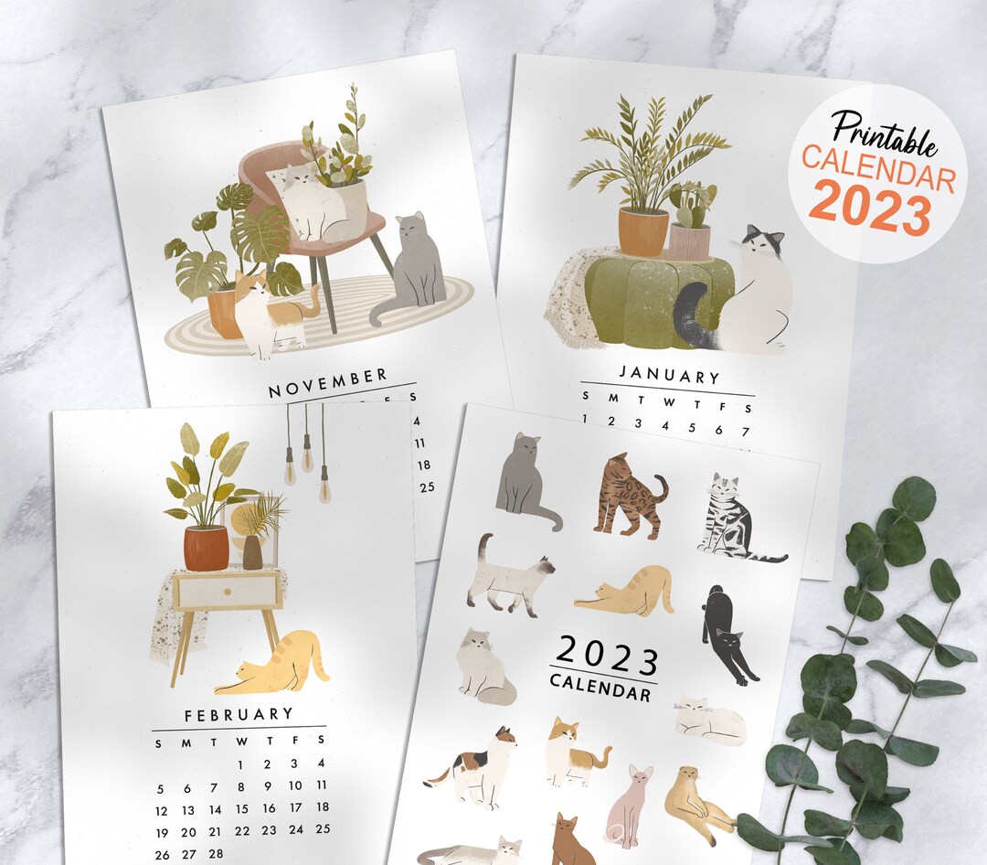 2023 Printable Monthly Calendar Boho Cat and Plant Print - Etsy